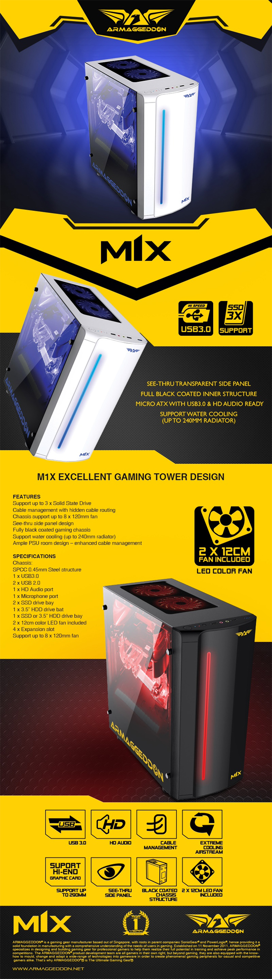 Armaggeddon M1X Excellent Micro ATX Gaming Case with 2x12cm LED Fan ...