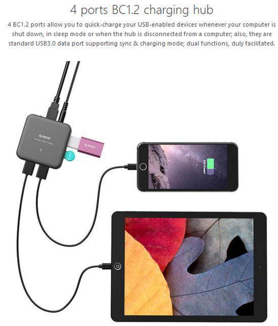 Orico U3BCH4 Smart 4 Port USB3.0 HUB with 3.3Ft USB3.0 Cable & 12V2.5A ...