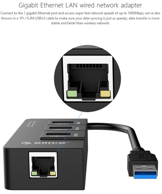 Orico HR01-U3 3 Port USB3.0 Hub with 1 Port Gigabit Ethernet Converter ...