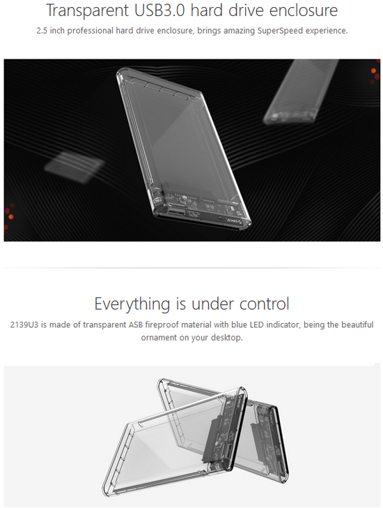 Orico 2139U3 Transparent 2.5 inch USB3.0 Hard Drive Enclosure | Asianic Distributors Inc ...